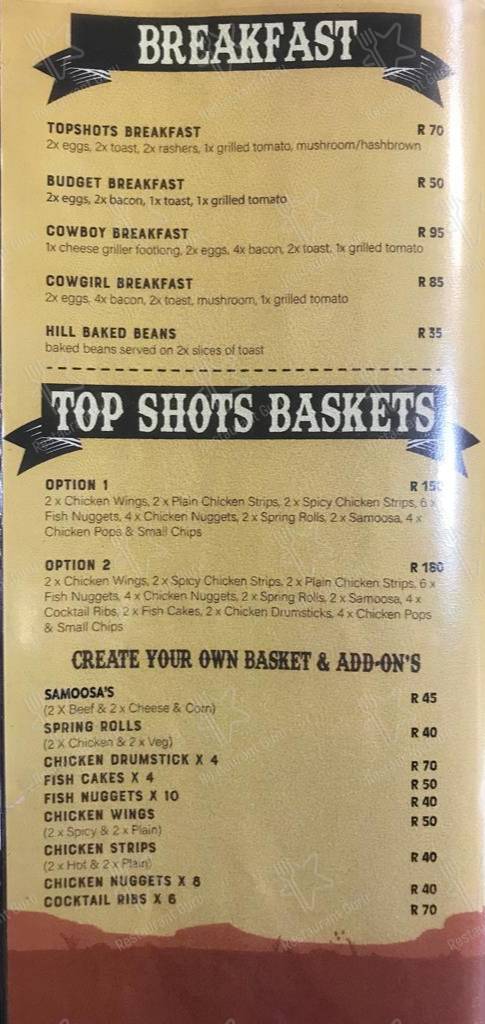 Menu at Top Shots Saloon pub & bar, Boksburg