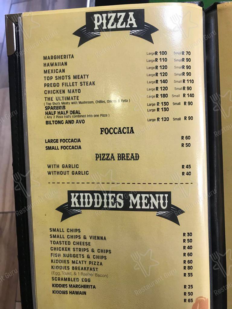 Menu at Top Shots Saloon pub & bar, Boksburg