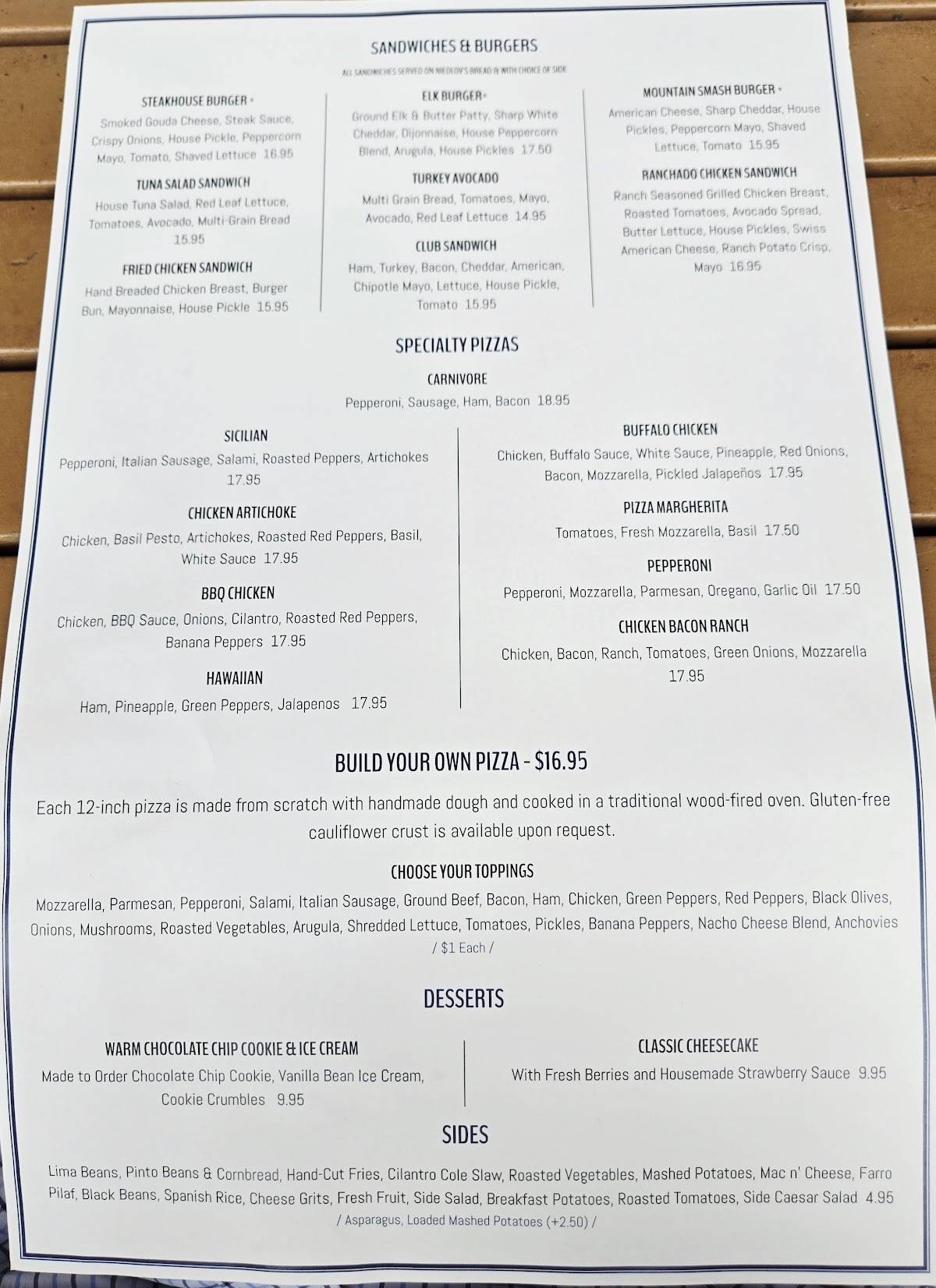 Menu at Top of the Rock Restaurant and Brewery, Kimball