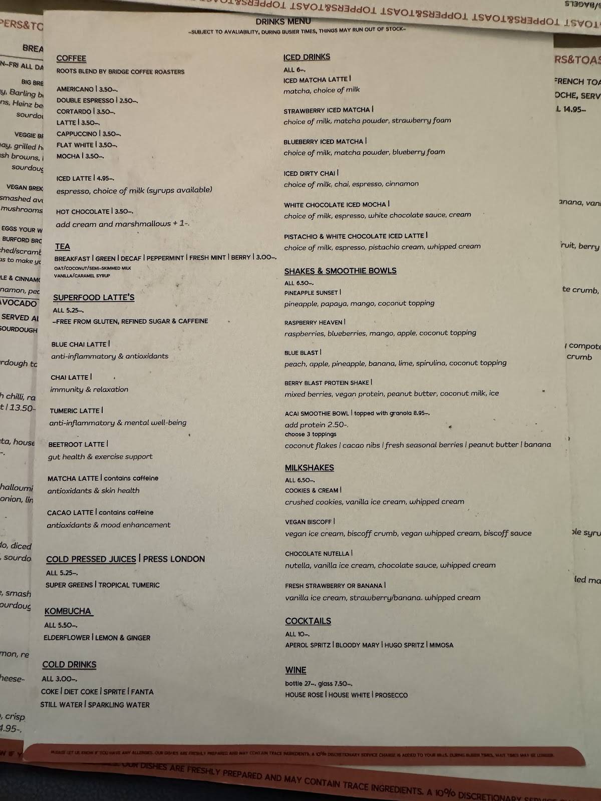 Menu at Toppers & Toast cafe, Southend-on-Sea