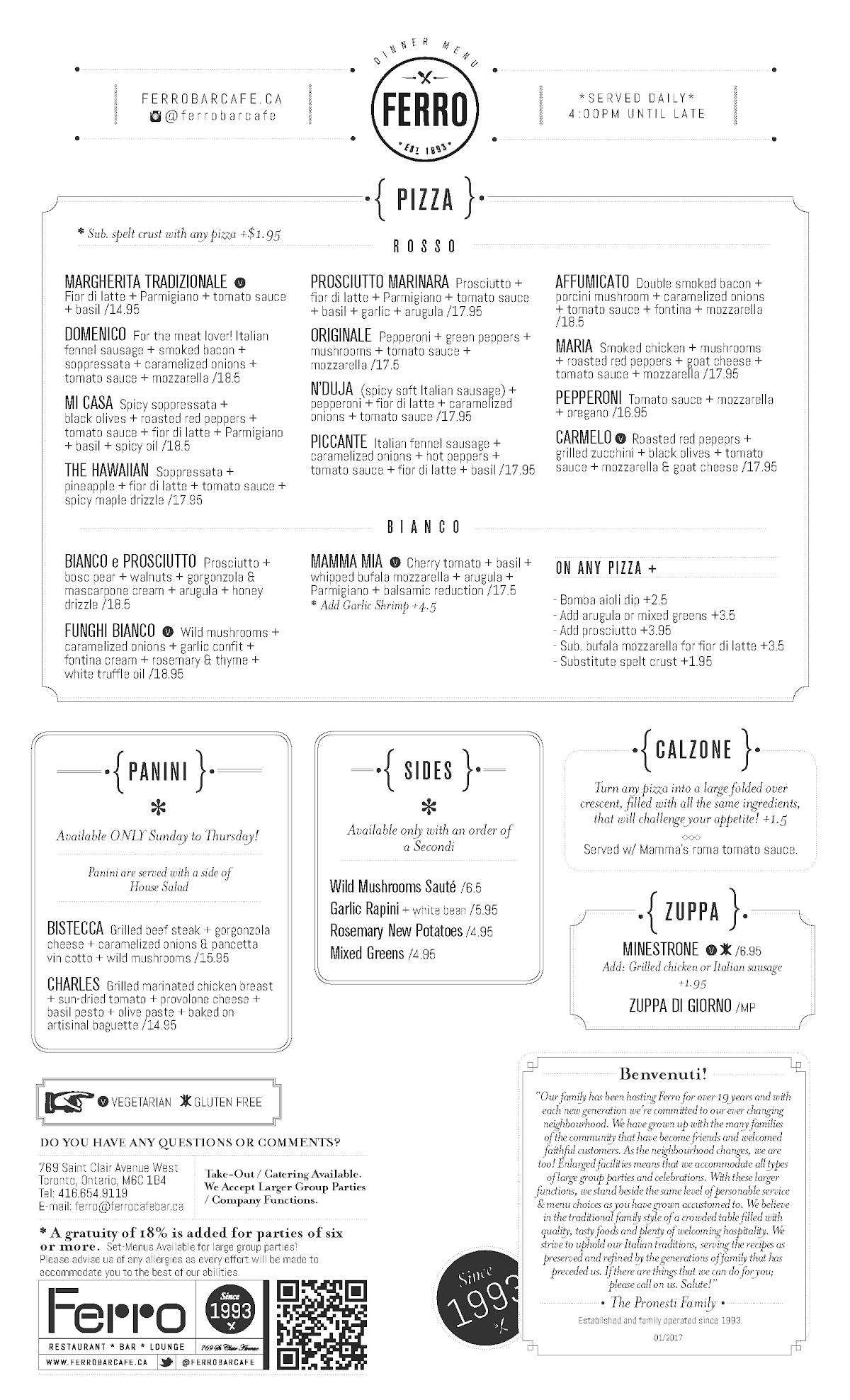 Menu au Ferro Bar & Cafe, Toronto
