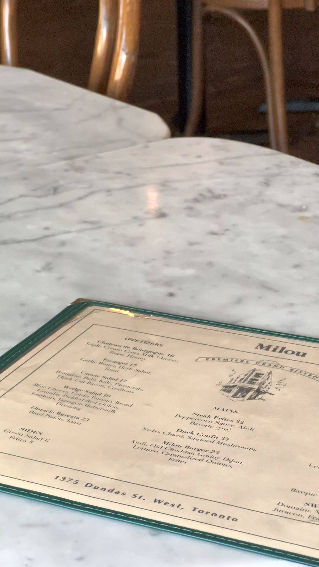 Menu at Milou cafe, Toronto