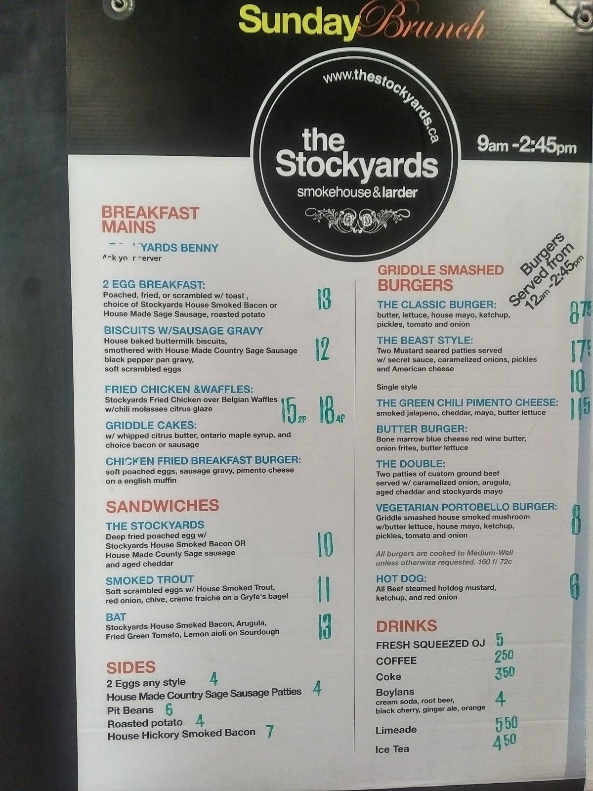 Menu at The Stockyards Smokehouse & Larder BBQ, Toronto
