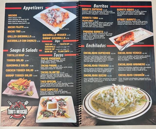 Menu at Toro's mexican grill restaurant, Russellville