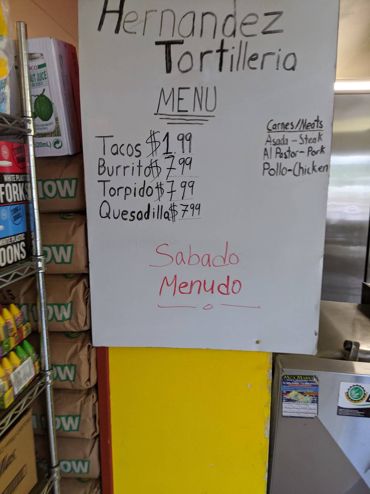 Menu at Tortilleria Hernandez restaurant, Sioux Falls