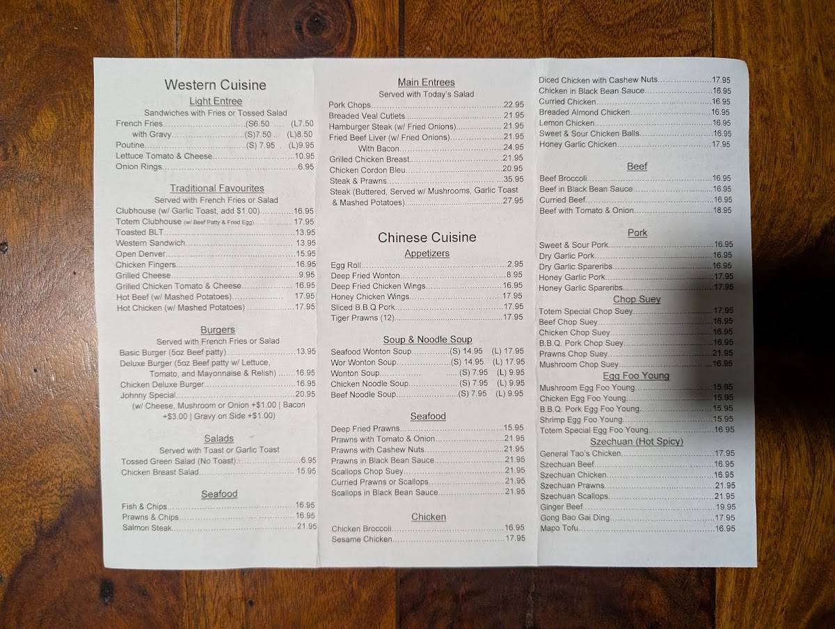 Menu at Totem Chinese Restaurant, Lillooet