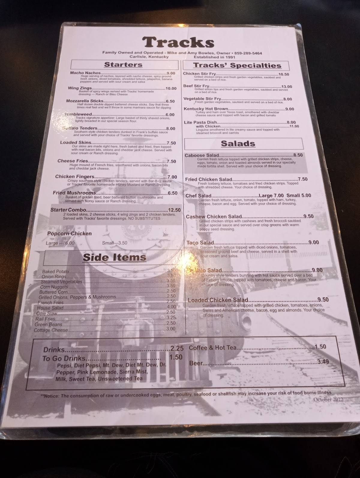 Menu at Track's restaurant, Carlisle