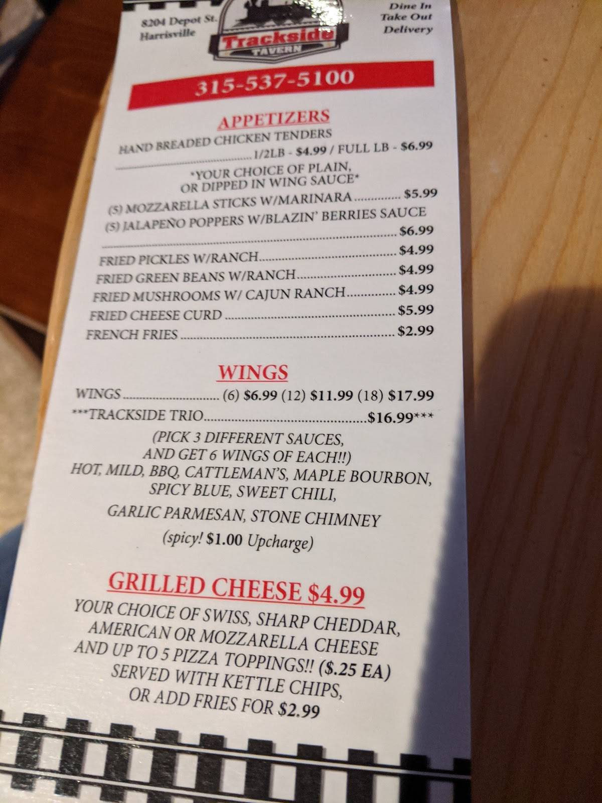 Menu at Trackside Tavern pub & bar, Harrisville