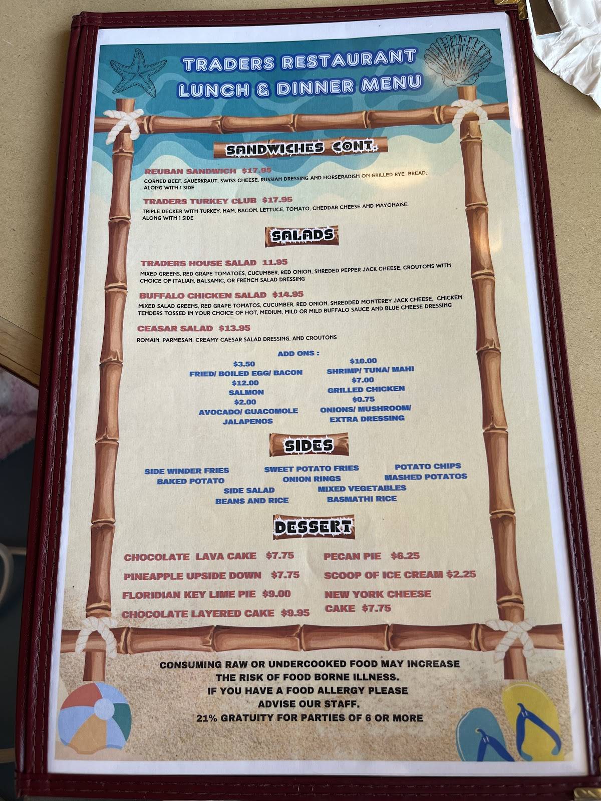 Menu at Traders Restaurant & Tiki Lounge, Daytona Beach