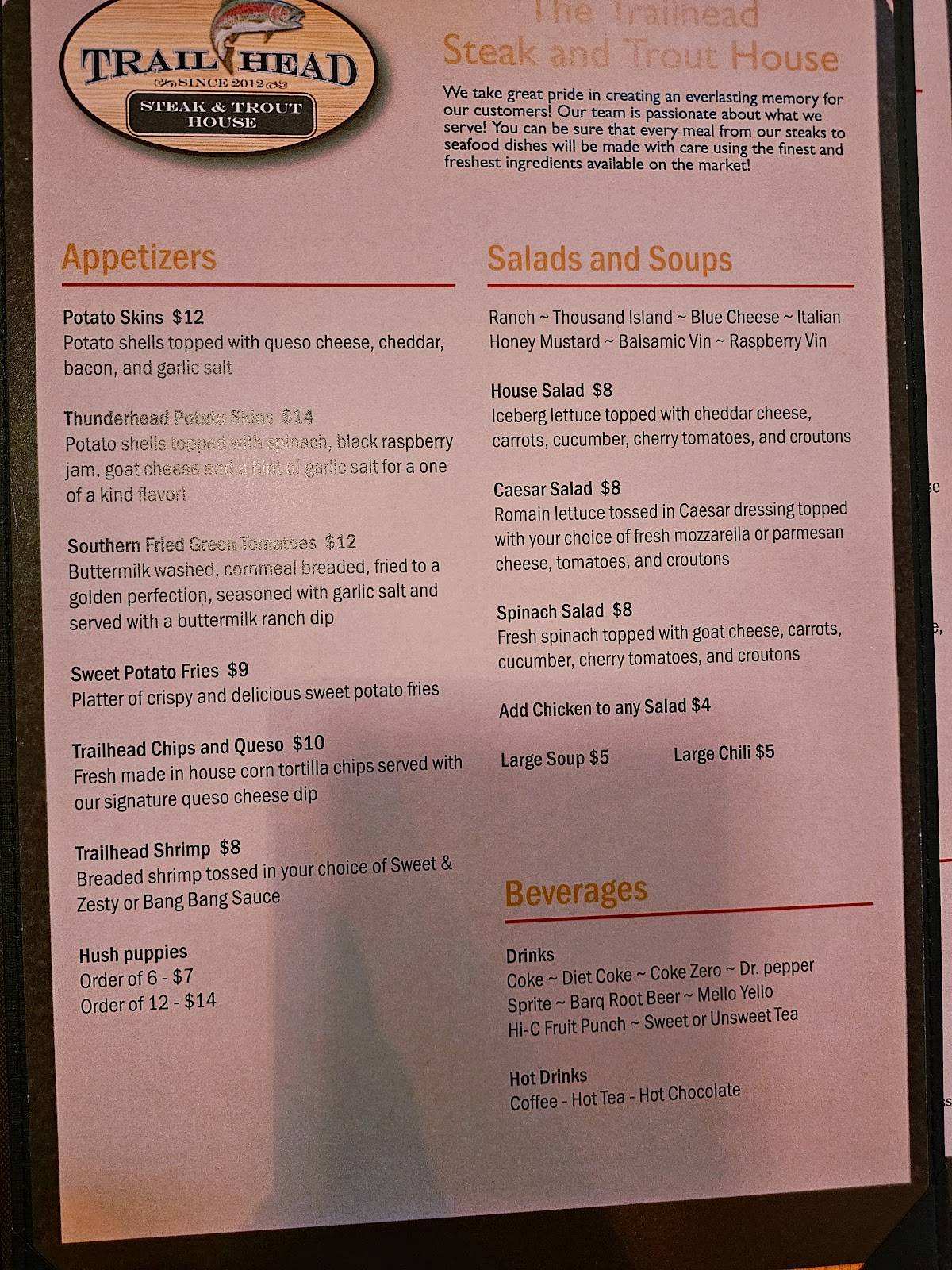 Menu at Trailhead Steak & Trout steakhouse, Townsend