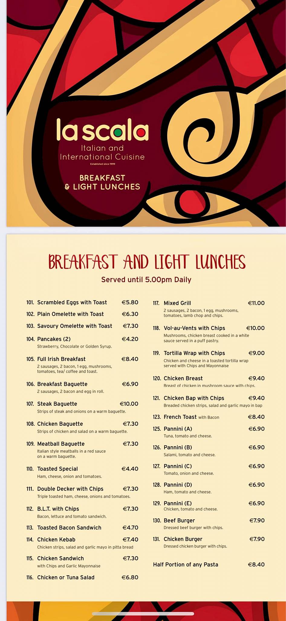 Menu at La Scala Restaurant, Tralee