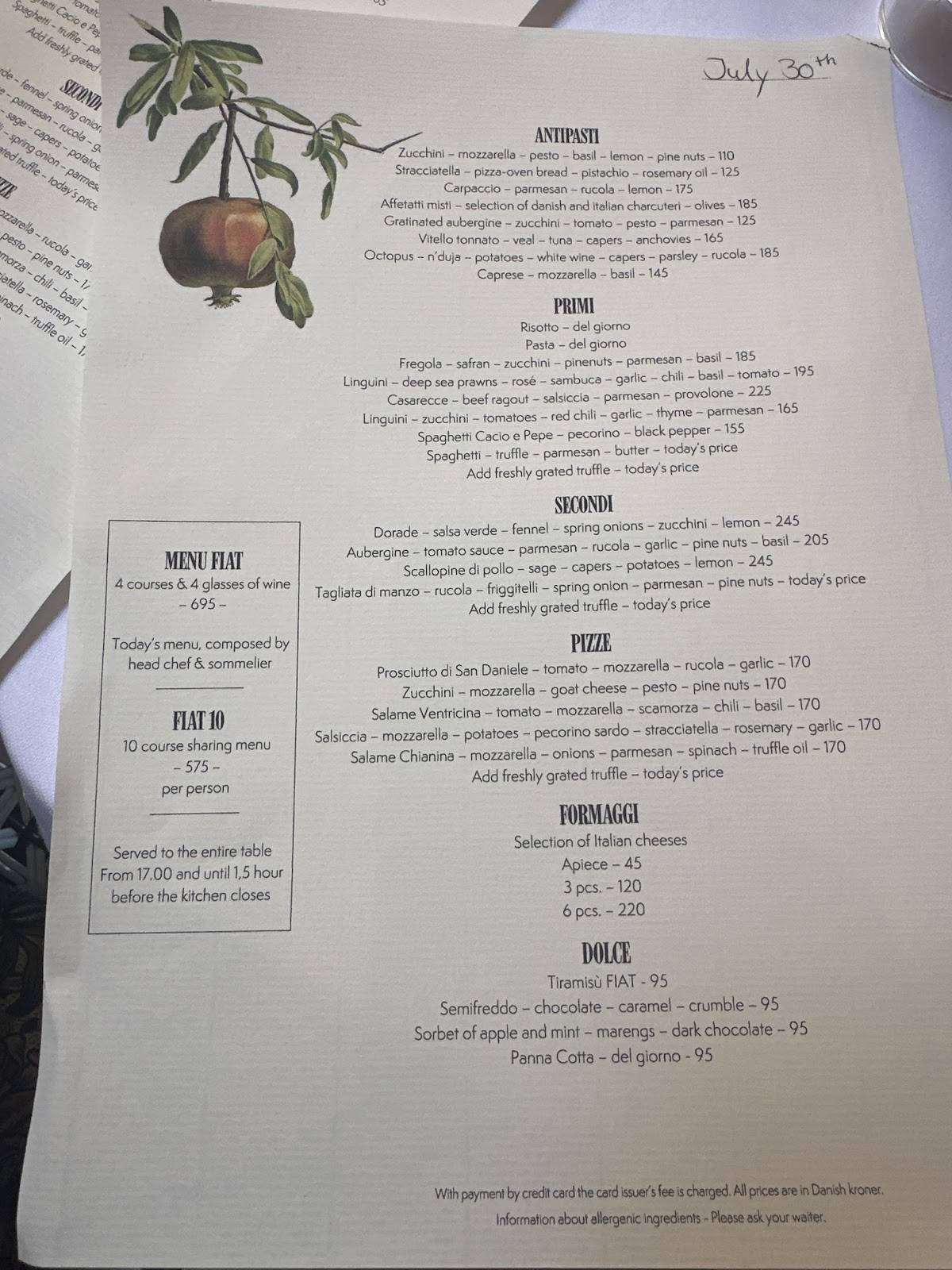 Menu at Trattoria Fiat restaurant, Copenhagen
