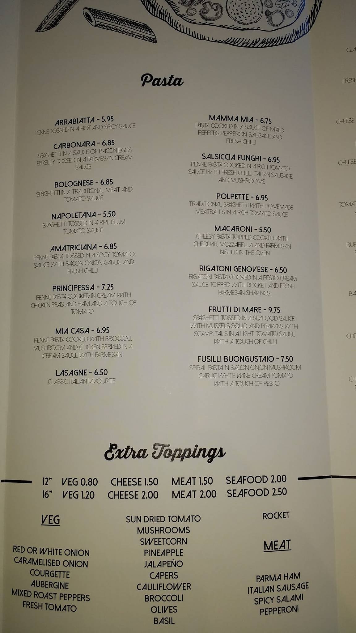Menu at Trattoria Genova restaurant, Paisley