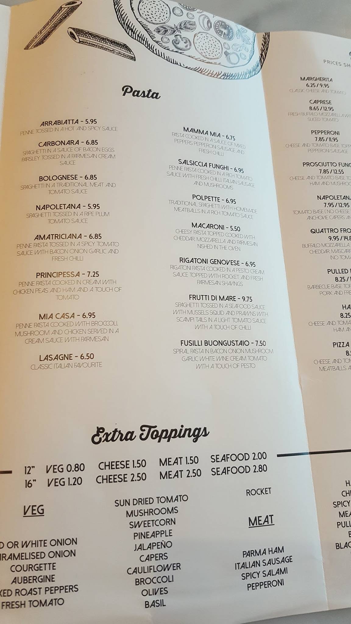 Menu at Trattoria Genova restaurant, Paisley