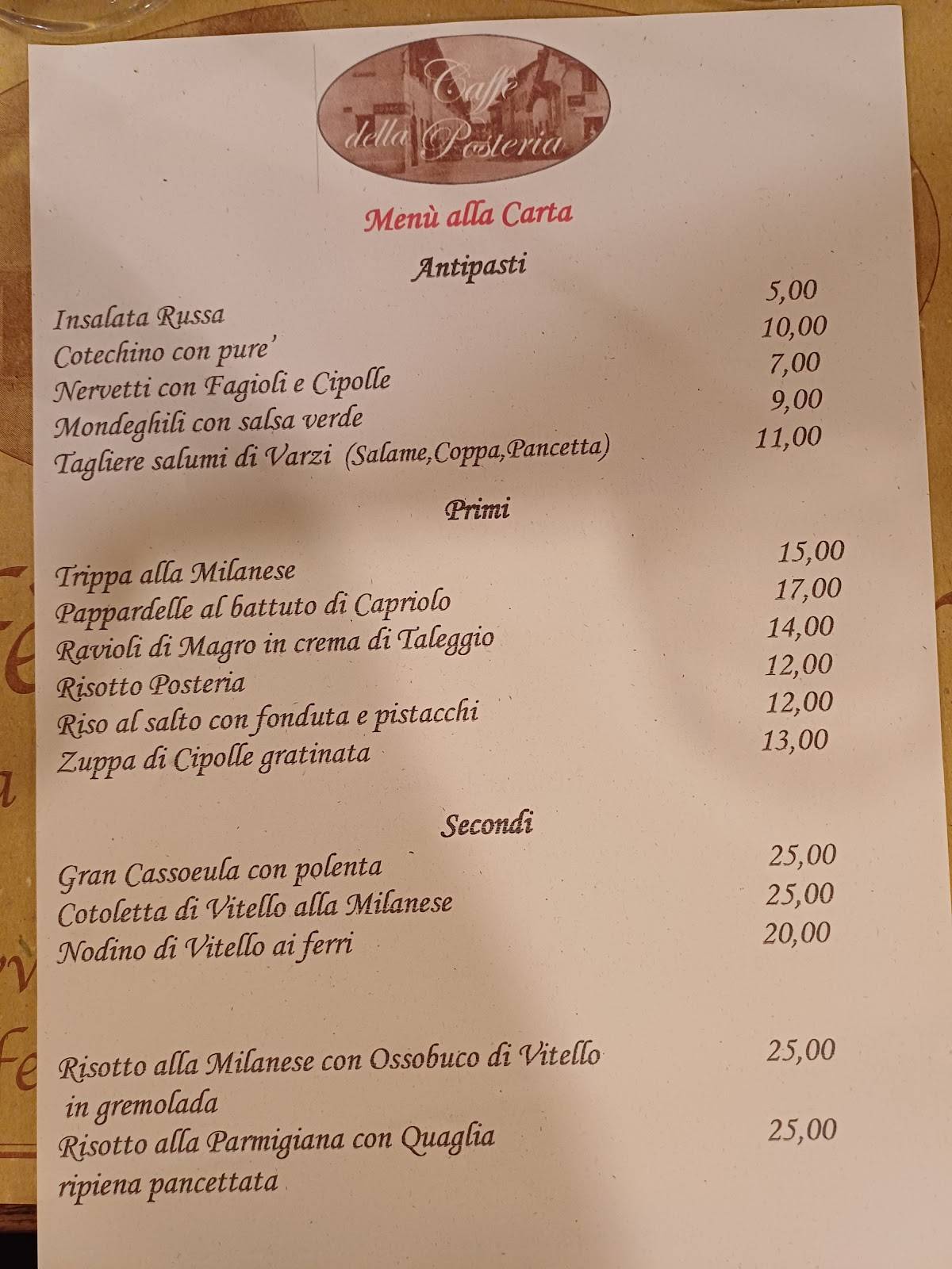 Menu at Trattoria Milanese Fuori Milano - Caffè della Posteria cafe ...