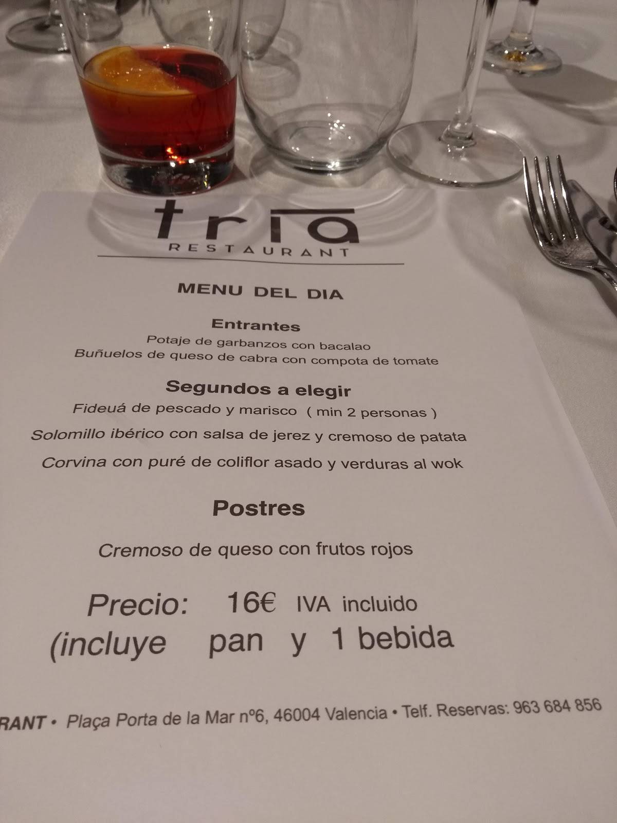 Carta de Tria Restaurant, Valencia
