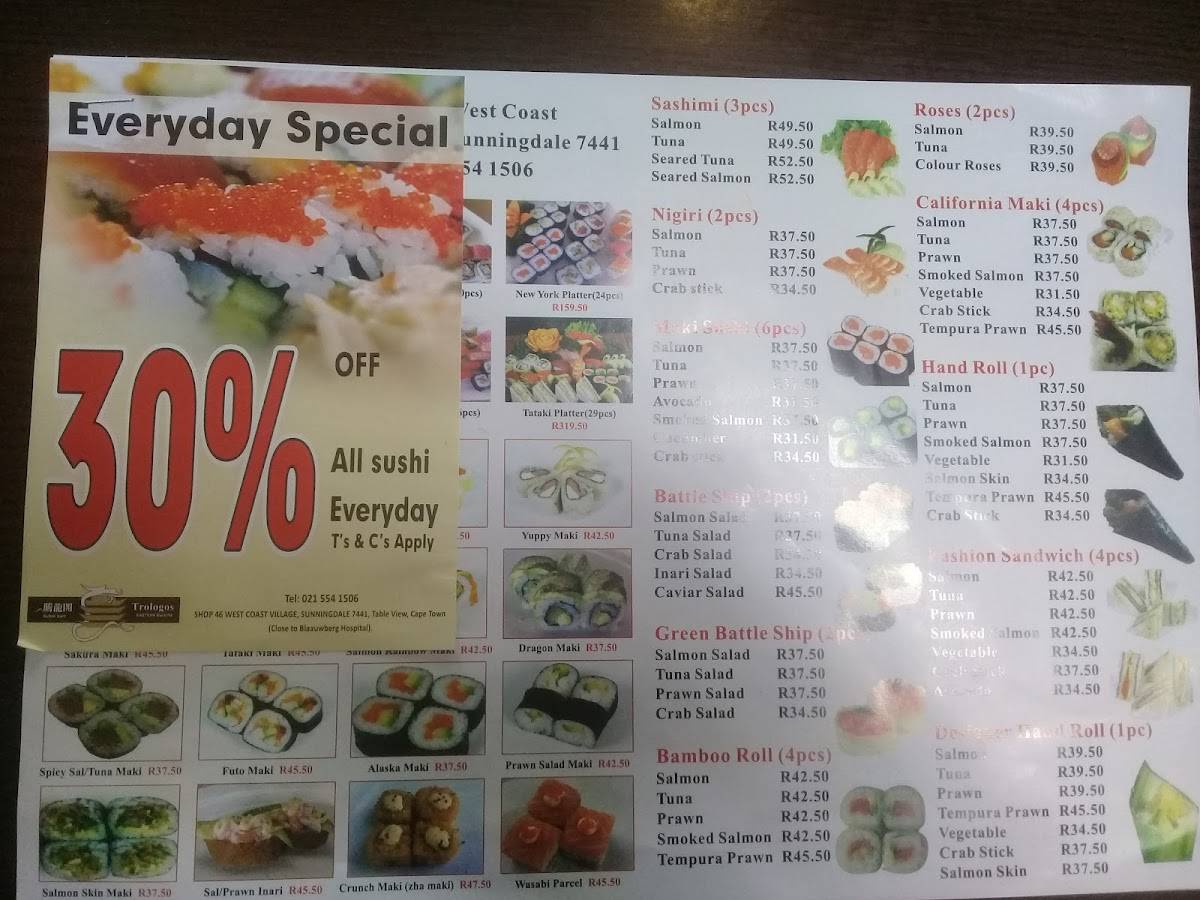 Menu at Trologos Sushi Bar, Cape Town