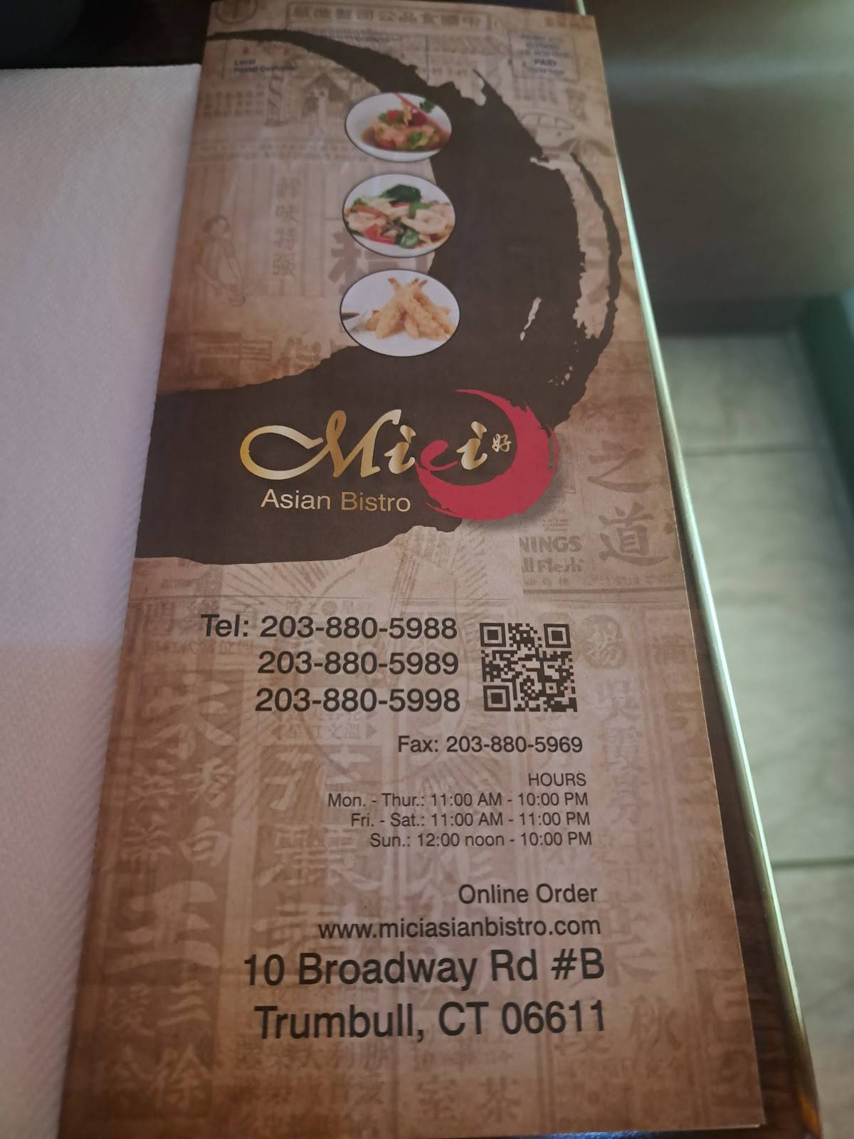 Menu at Mici Asian Bistro restaurant, Trumbull