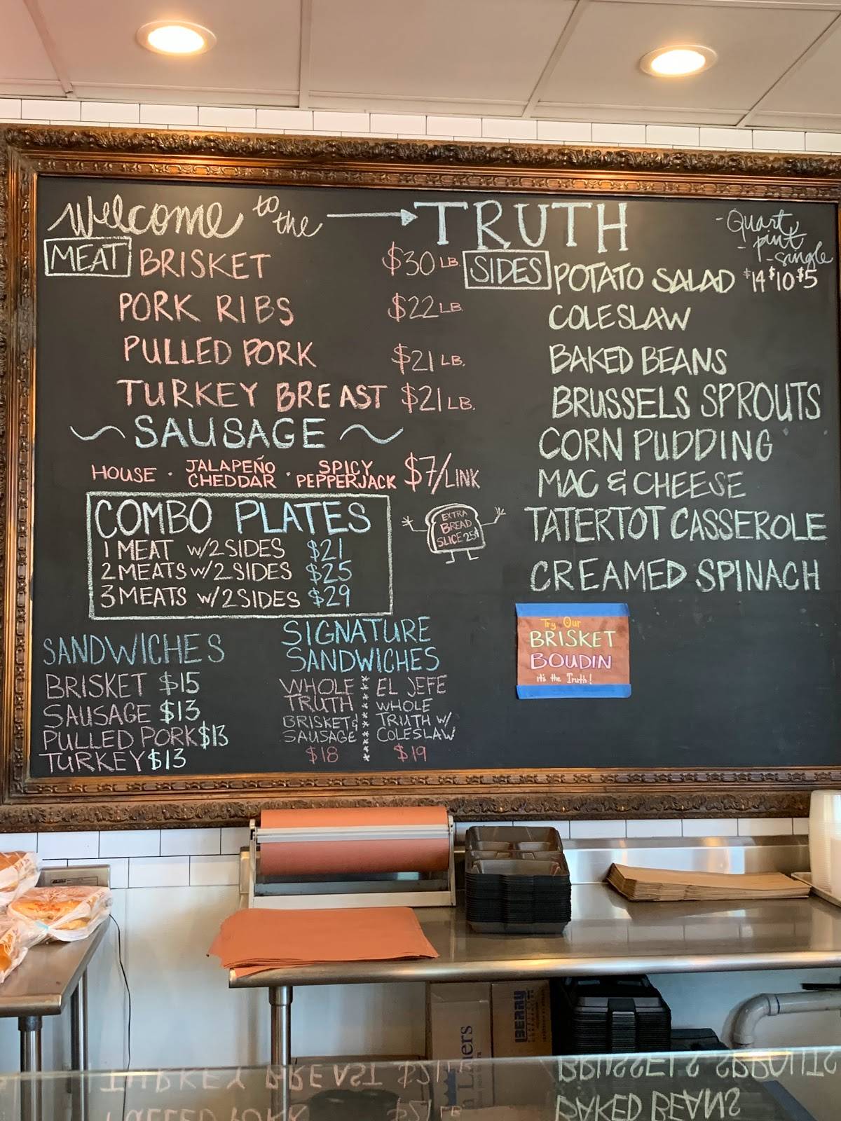 Menu at Truth BBQ, Houston