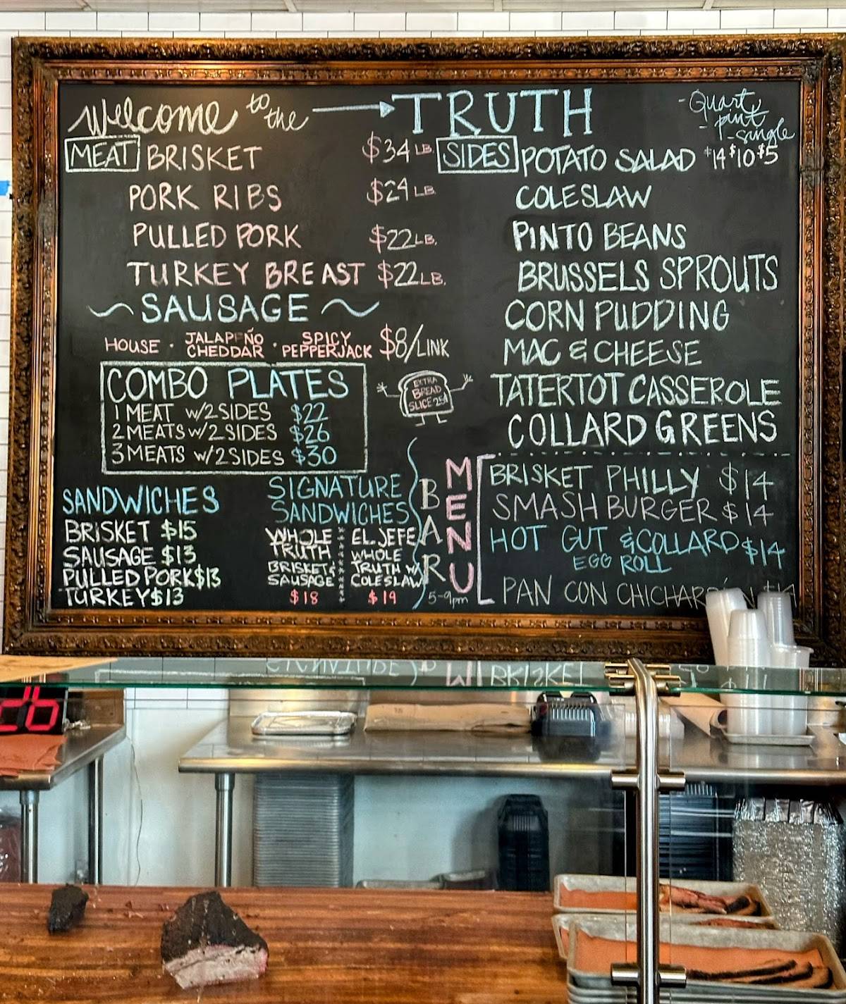 Menu at Truth BBQ, Houston