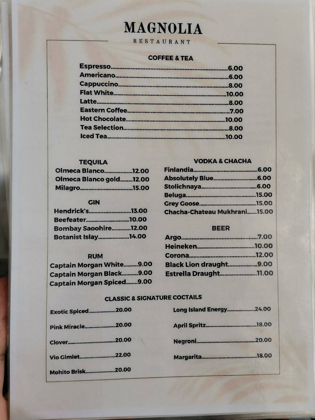 Menu at Magnolia restaurant, Tskaltubo