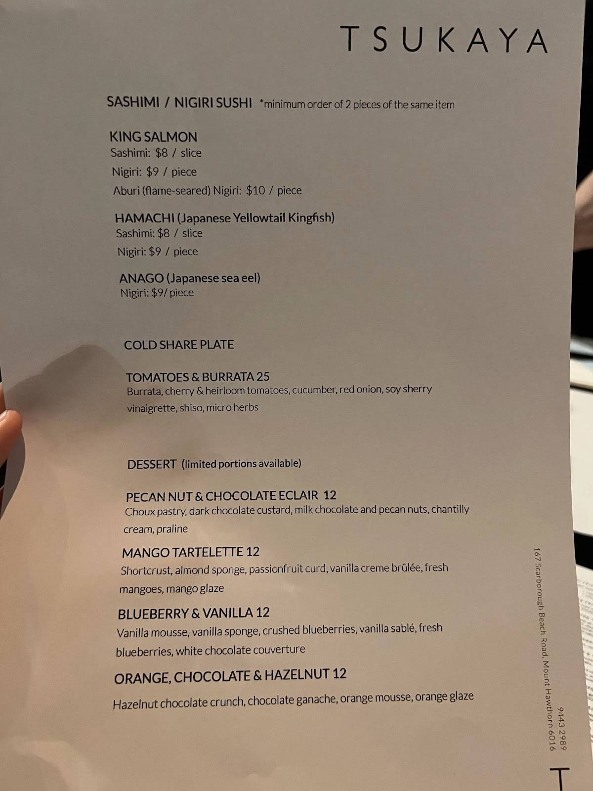Menu at Tsukaya Restaurant, Mount Hawthorn
