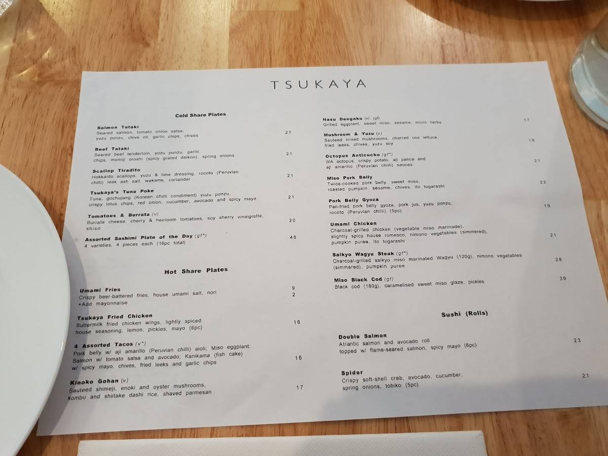 Menu at Tsukaya Restaurant, Mount Hawthorn
