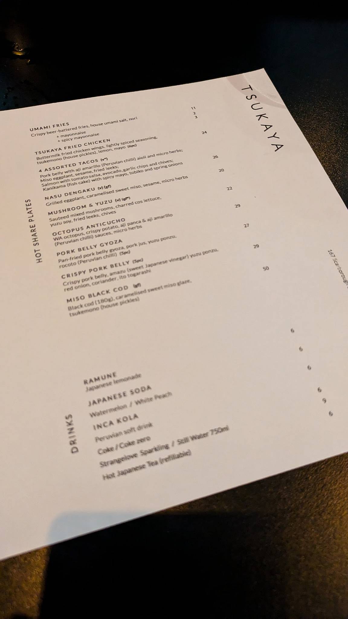 Menu at Tsukaya Restaurant, Mount Hawthorn