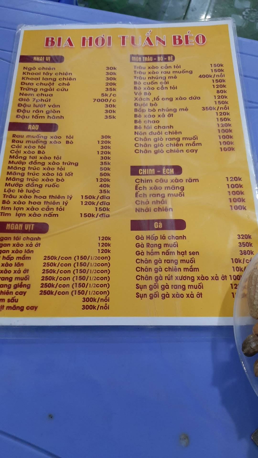 Menu at Tuấn Béo Quán restaurant, Vietnam, 368 Phúc Diễn