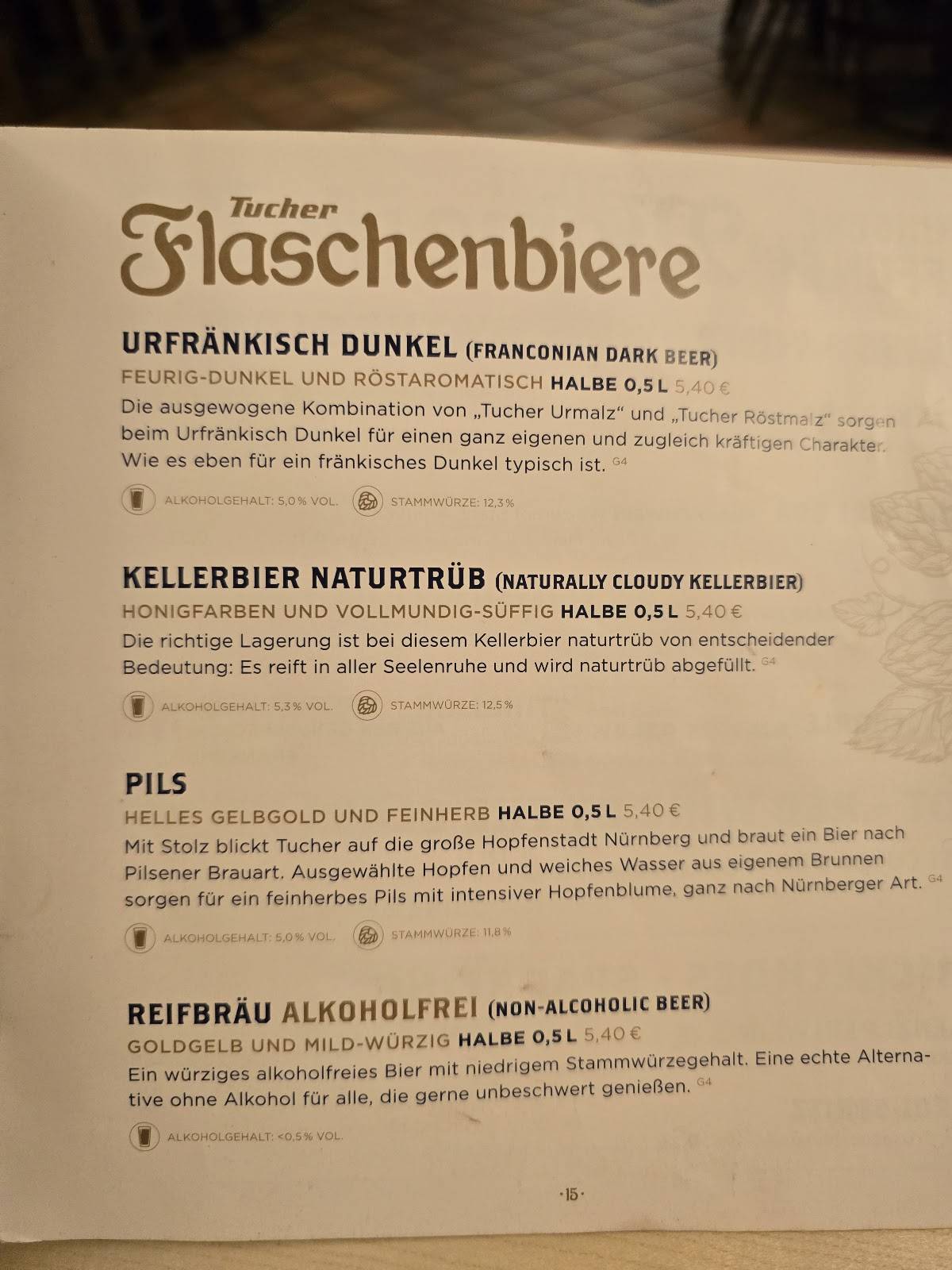Menu at Tucher Cellar Nuremberg restaurant, Nuremberg