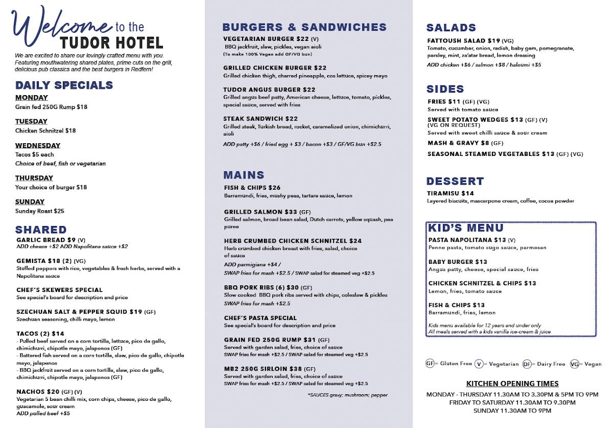 Menu at Tudor Hotel Redfern pub & bar, Redfern