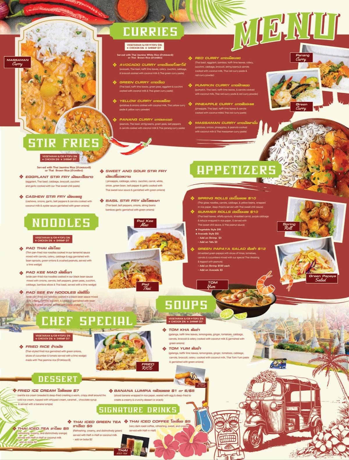 Menu at Tuk Tuk Thai Food restaurant, Volcano