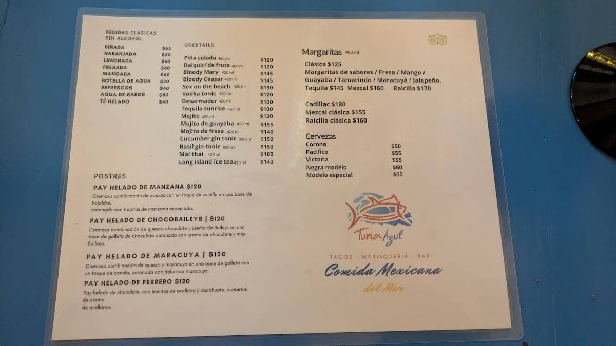 Menu at Tuna Azul Zona Romantica restaurant, Puerto Vallarta