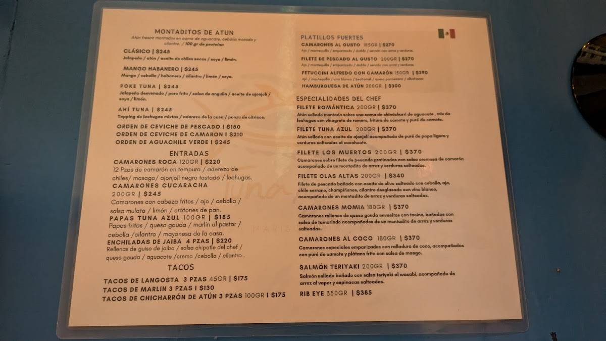 Menu at Tuna Azul Zona Romantica restaurant, Puerto Vallarta