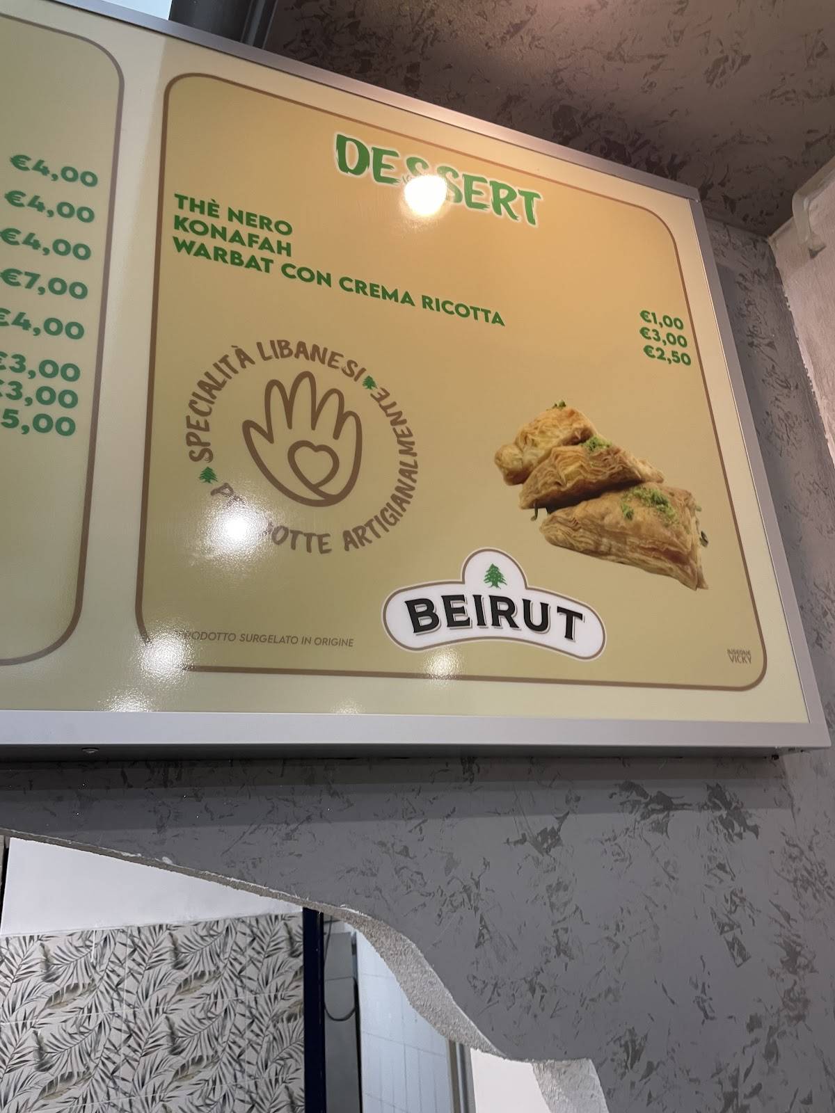 Menu at Beirut shawarma restaurant, Turin
