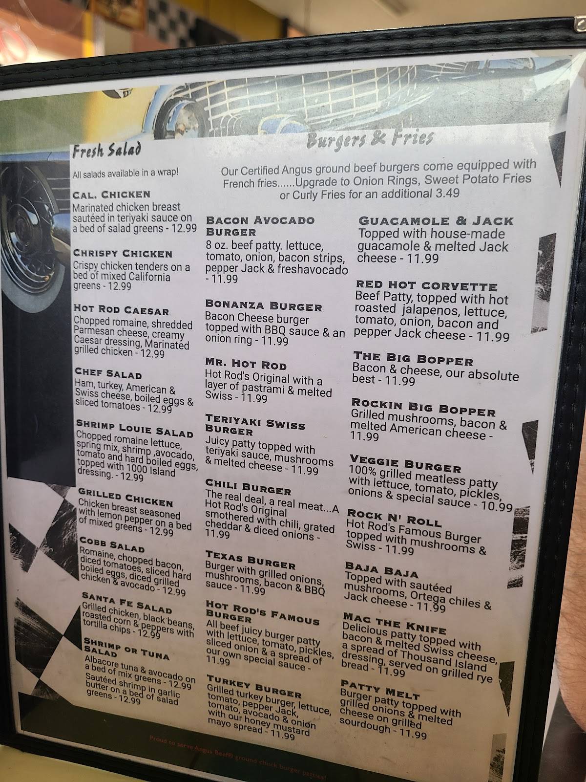 Menu at Hot Rod Diner restaurant, Turlock