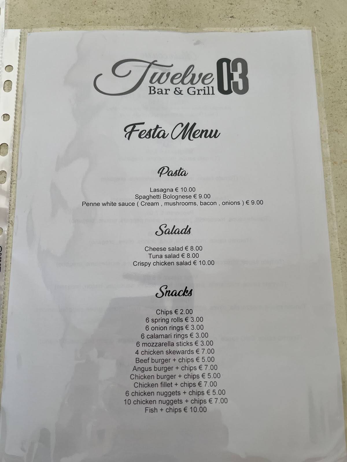 Menu at Twelve 03 Bar & Grill, Kerċem