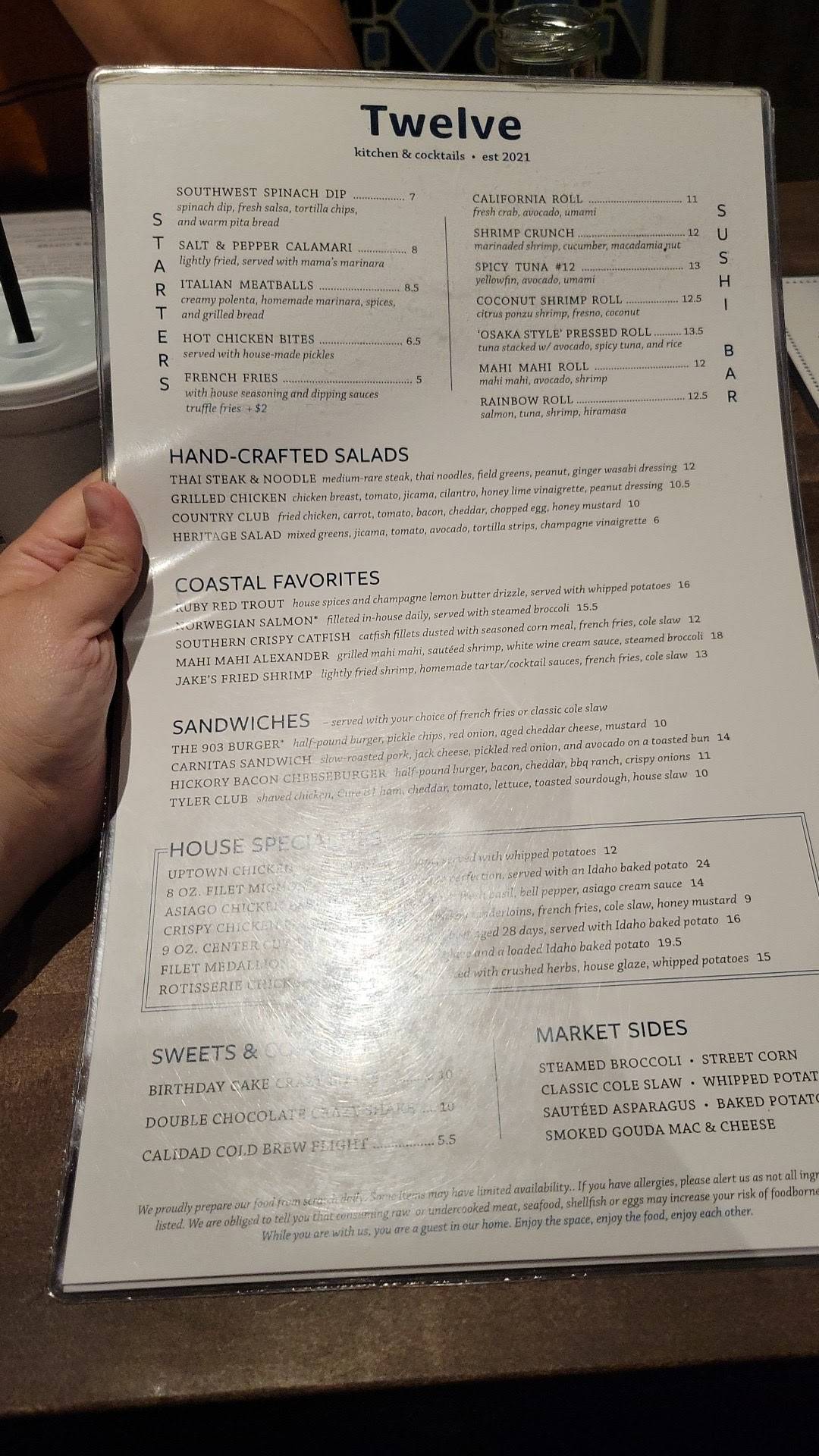 Menu at Twelve Kitchen + Cocktails restaurant, Tyler