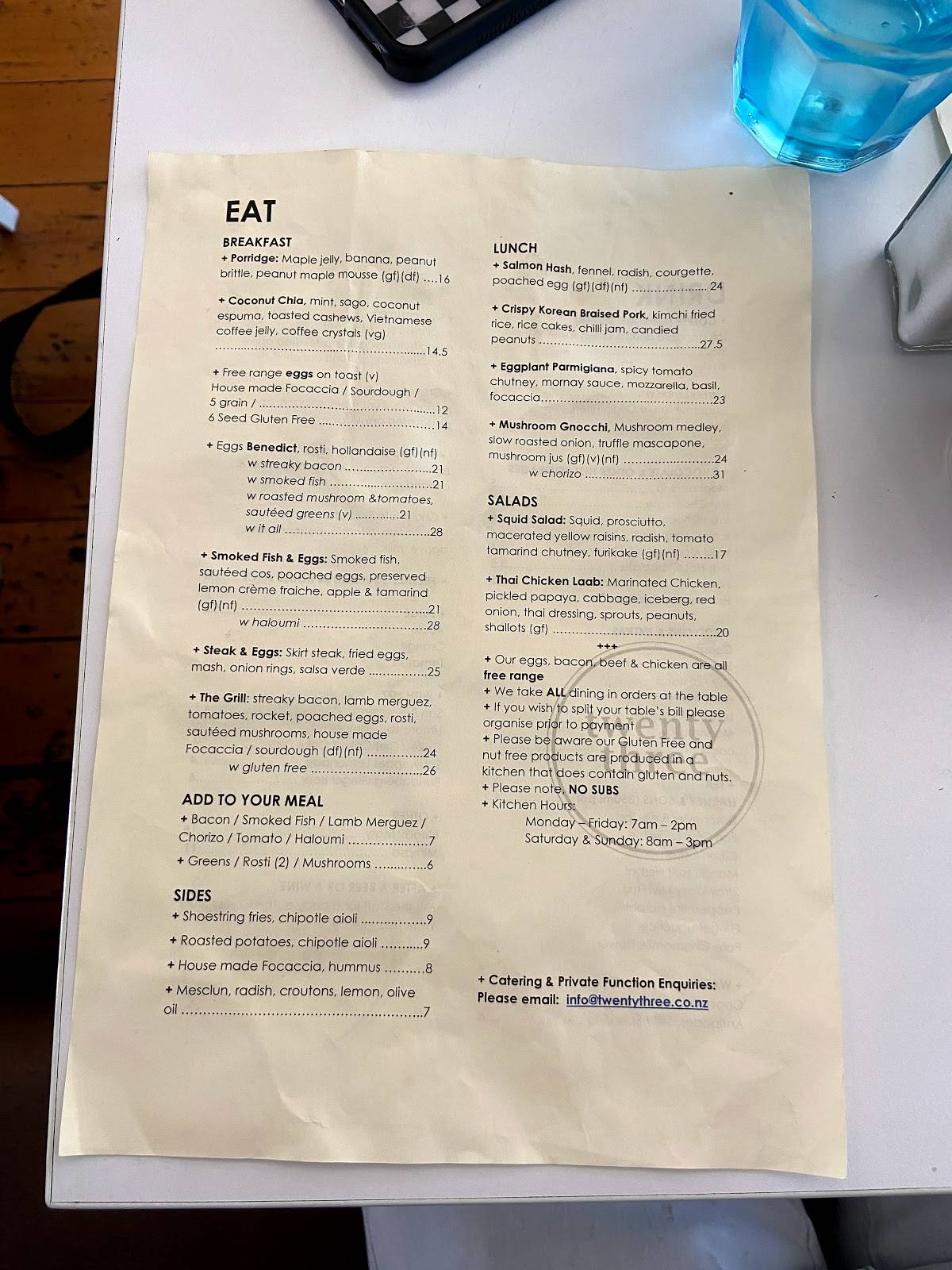 Menu at Twenty Three Cafe, Auckland