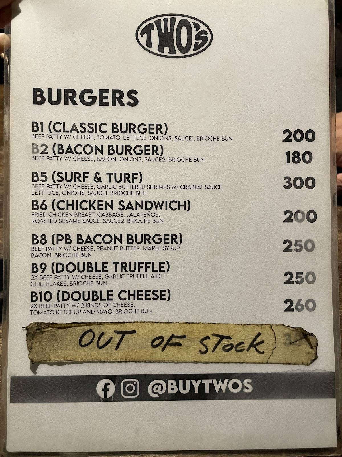 Menu at Two's restaurant, Marikina