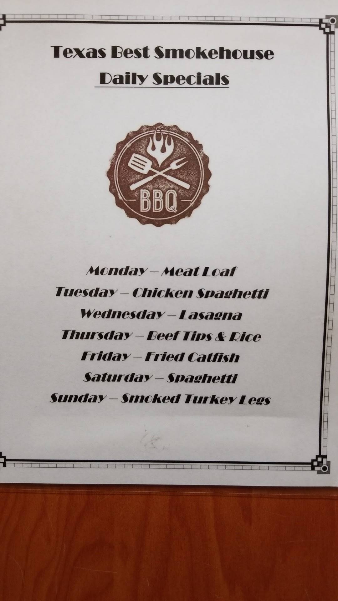 Menu at Texas Best Smokehouse restaurant, Tyler