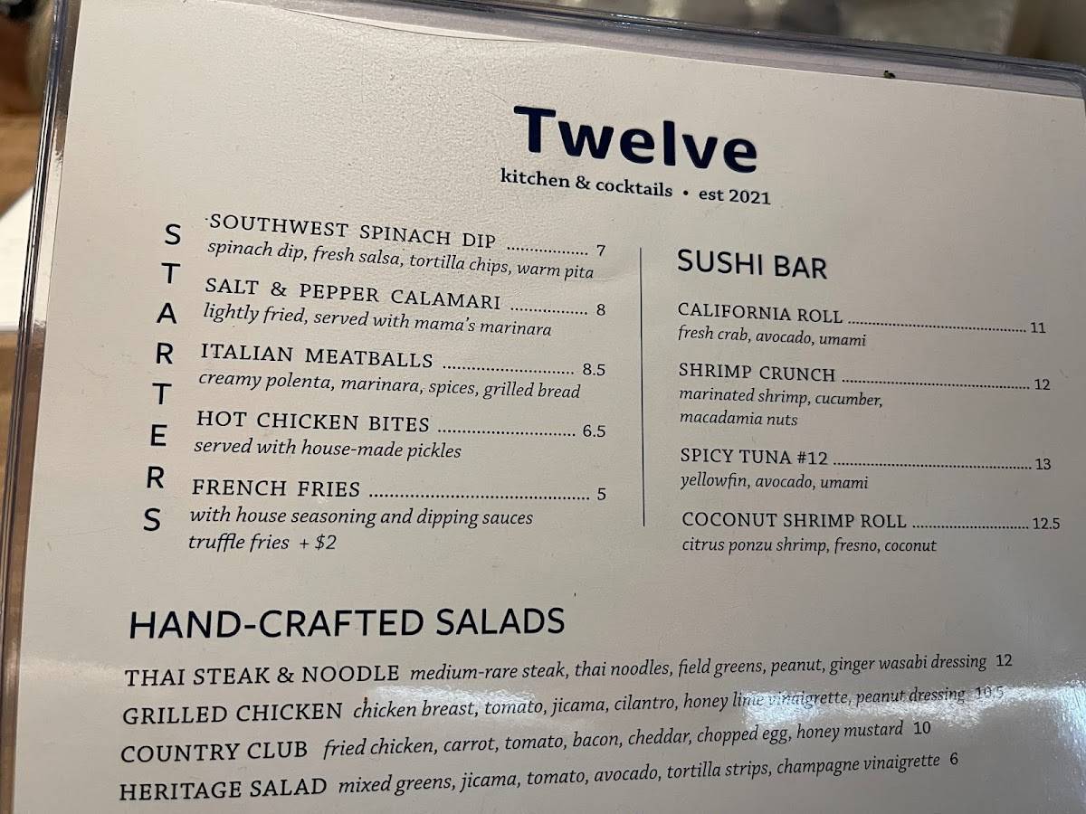 Menu at Twelve Kitchen + Cocktails restaurant, Tyler