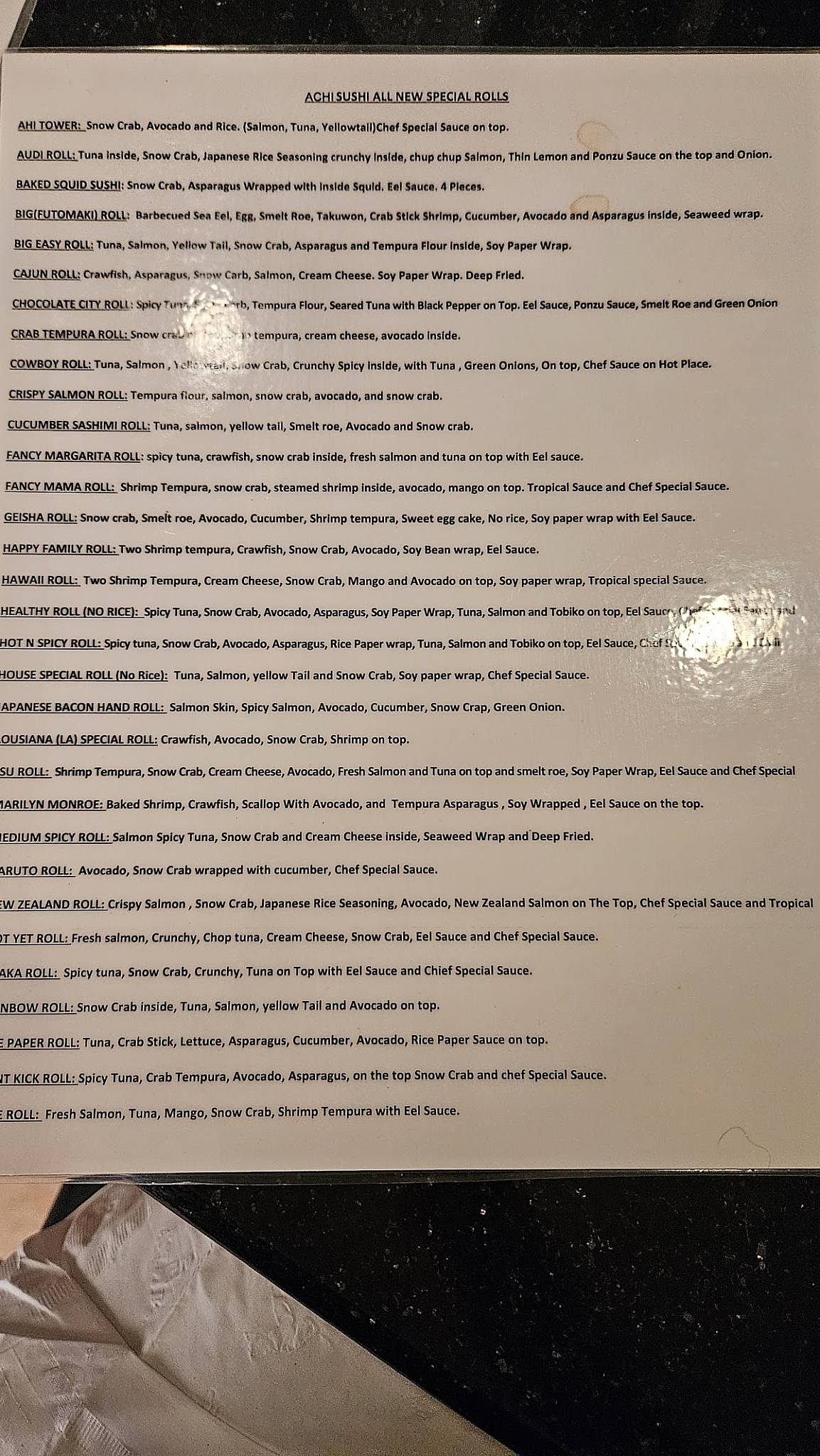 Menu at Uchi Sushi & Hibachi restaurant, Metairie