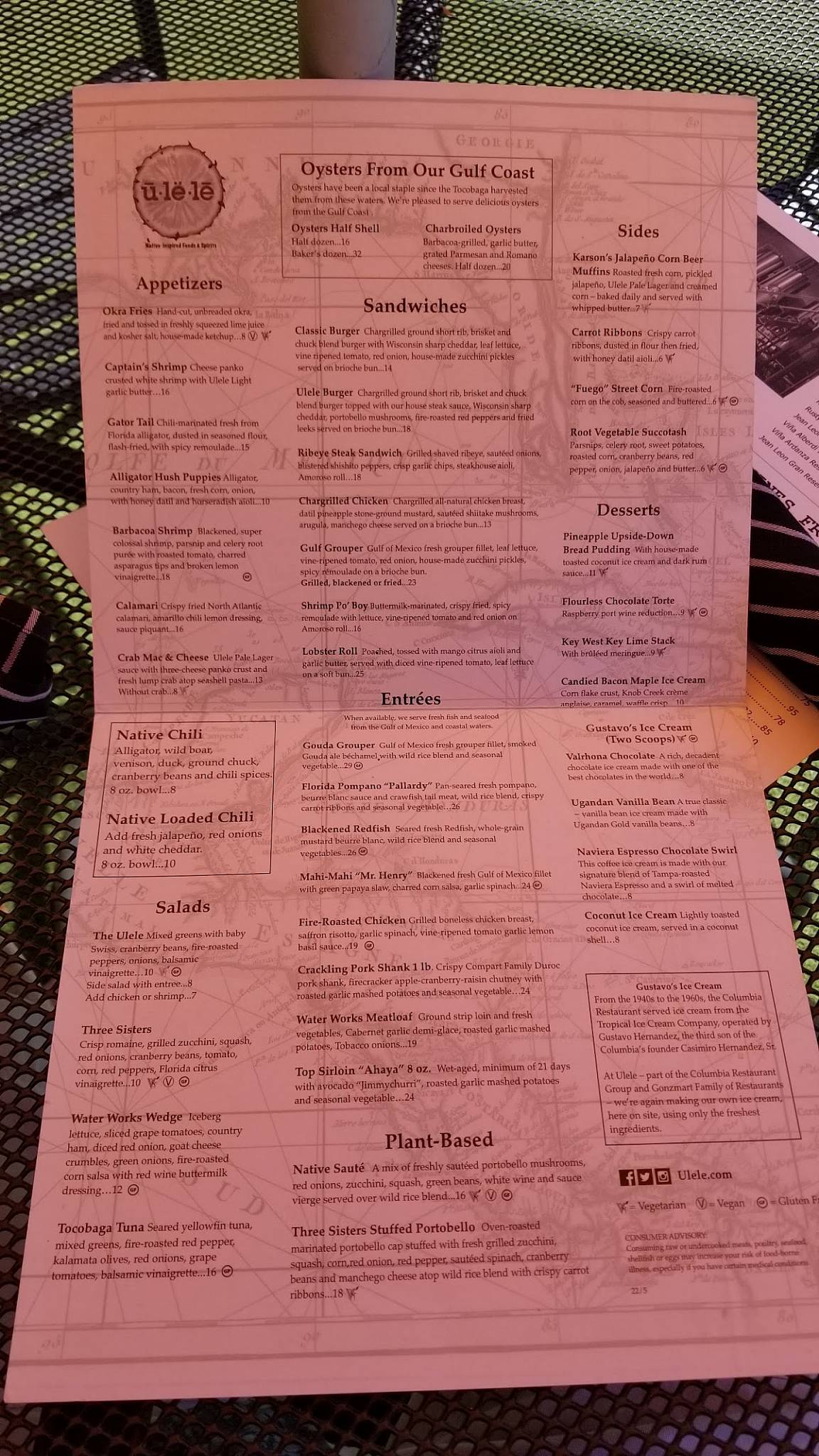 Menu at Ulele restaurant, Tampa, N Highland Ave