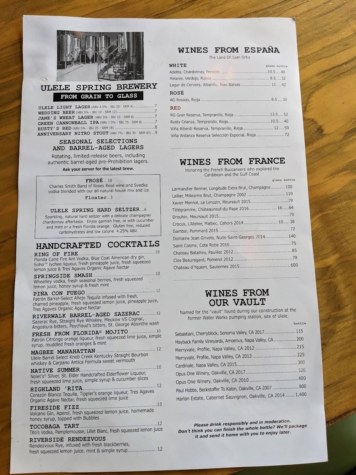 Menu at Ulele restaurant, Tampa, N Highland Ave