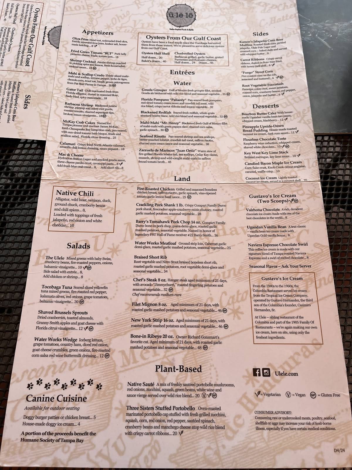 Menu at Ulele restaurant, Tampa, N Highland Ave
