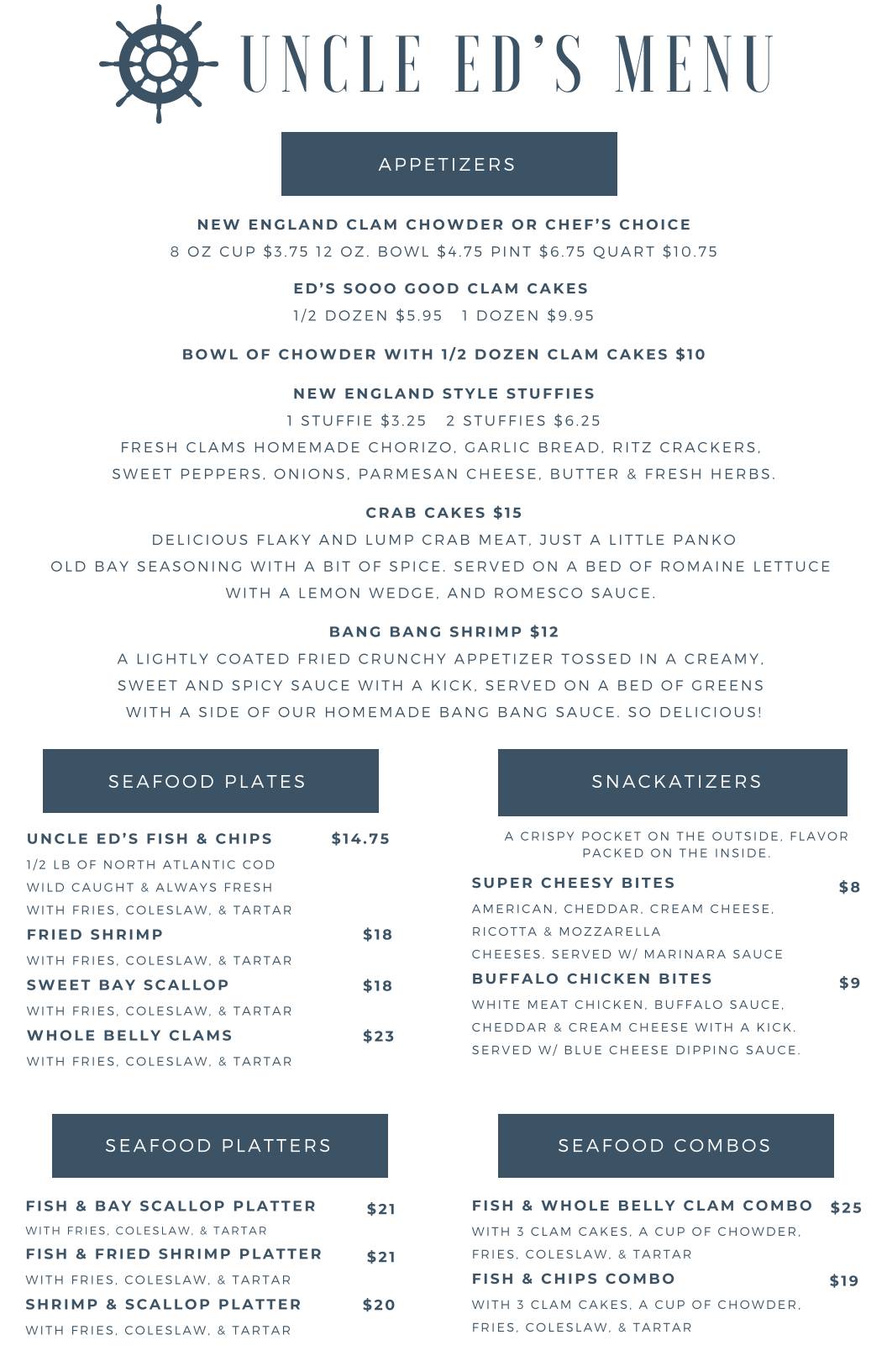 Menu at Uncle Ed's Front Porch restaurant, Rehoboth