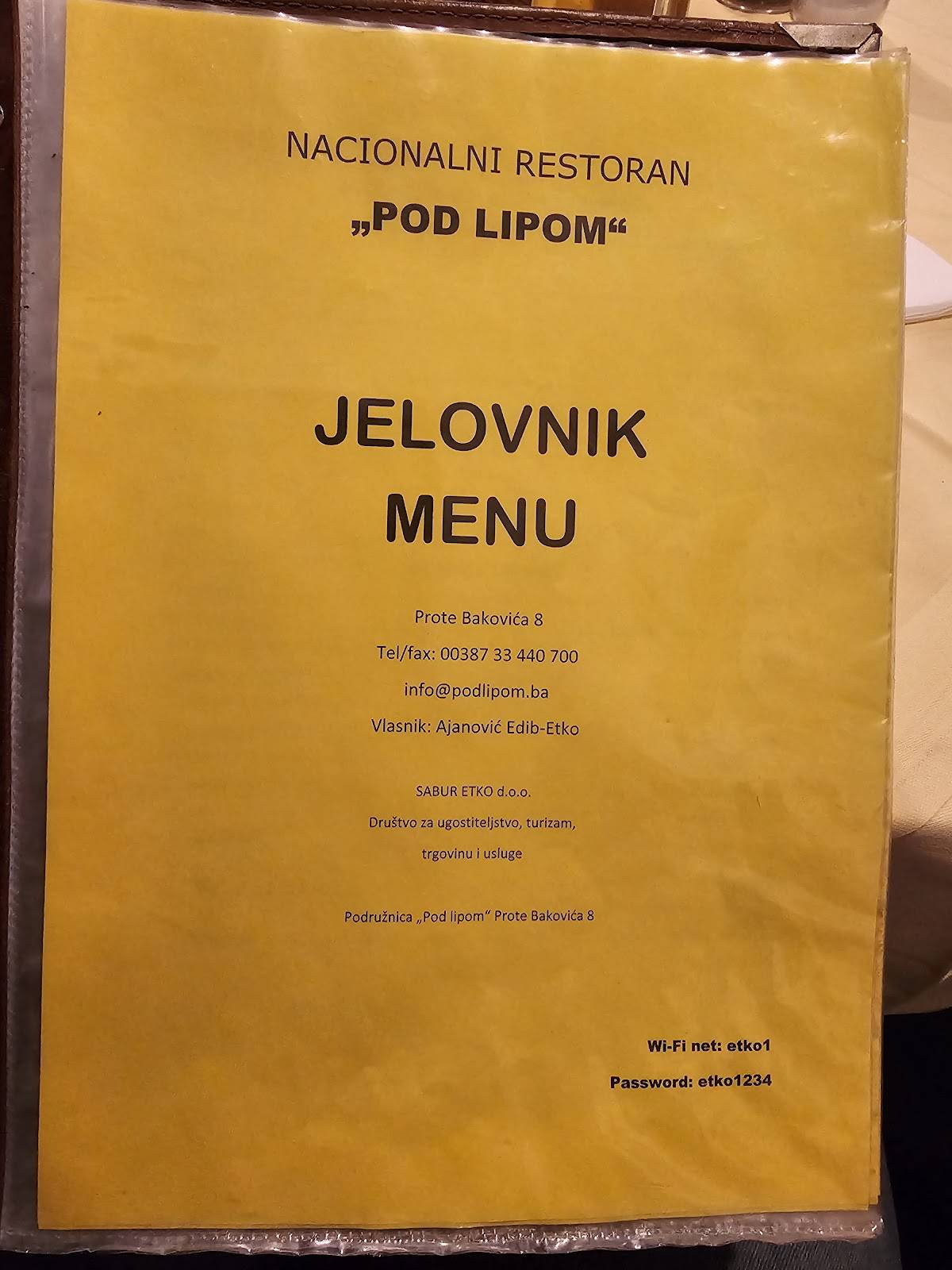 Menu at Under the Linden Tree restaurant, Sarajevo