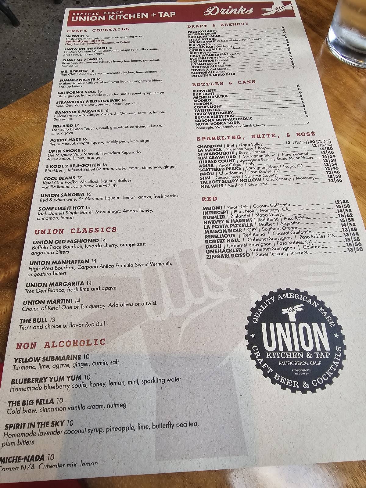 Menu at Union Kitchen & Tap Pacific Beach pub & bar, San Diego
