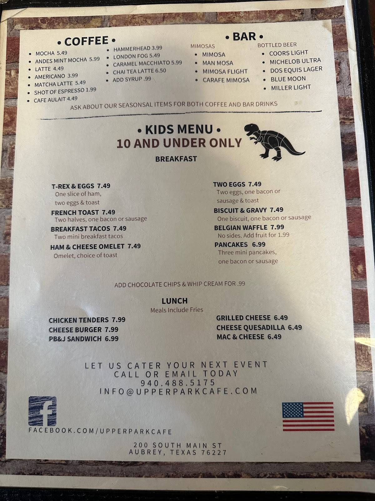 Menu at Upper Park Cafe, Aubrey